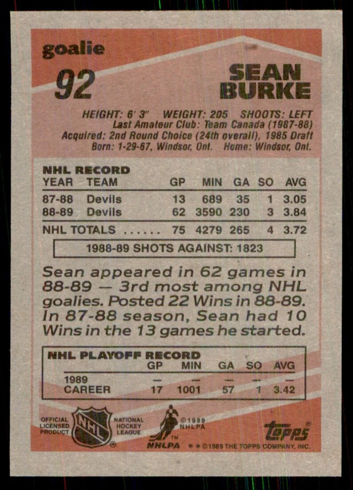 1989-90 TOPPS SEAN BURKE NEW JERSEY DEVILS #92 | eBay
