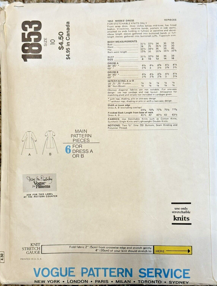 RARE!! 70s Vintage VOGUE Sewing Pattern #1853 Furstenberg Wrap Dress Sz ...