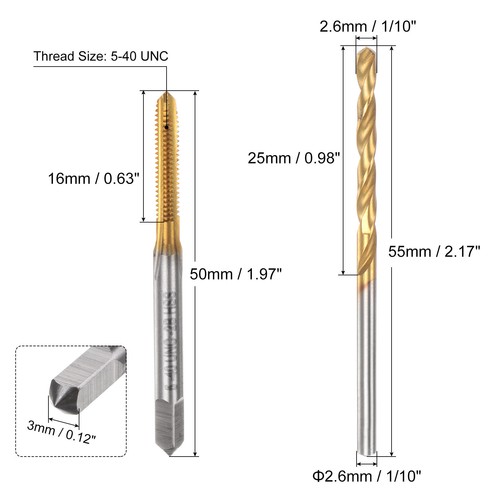 Tap & Drill Bit Set 5-40 UNC Straight Flute Tap and 2.6mm Drill Bit Ti ...
