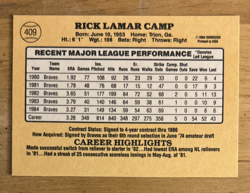 1985 Donruss Rick Camp Baseball Card #409 Braves Pitcher Mid-Grade VG O ...