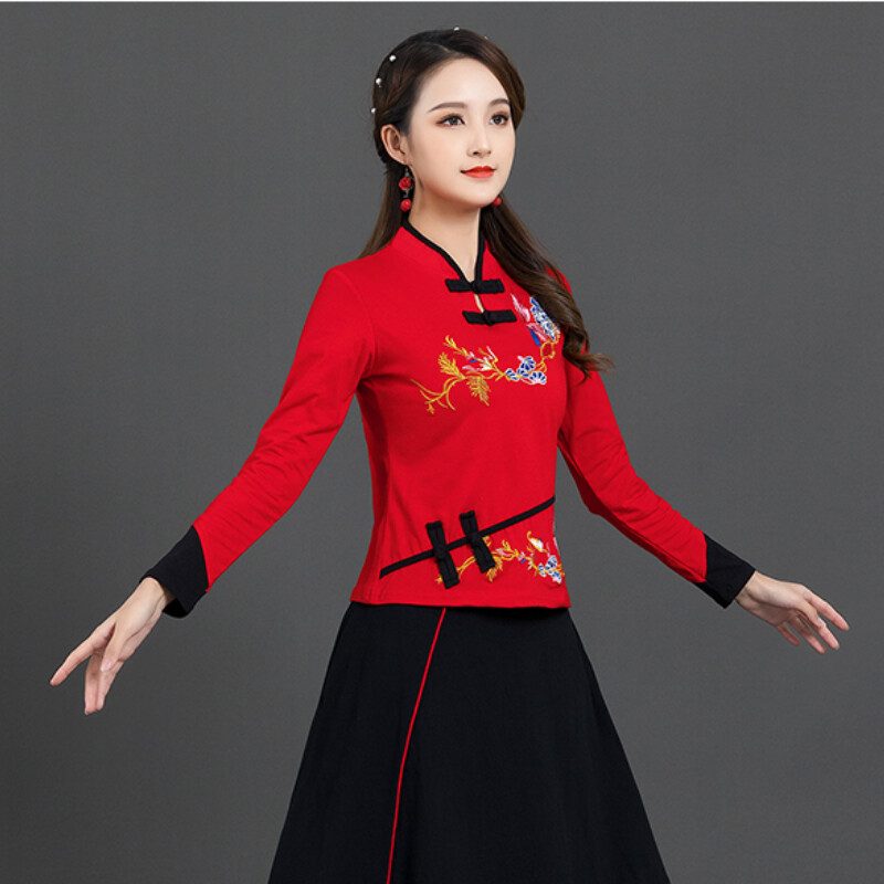 Women Retro Floral Embroidery Shirt Chinese Tops Ethnic Frog Button ...
