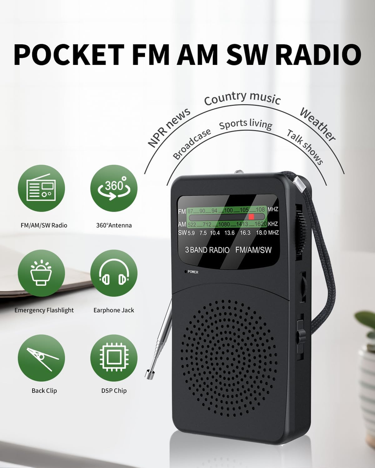 FM AM SW Back Clip Pocket Radio, Battery Operated Mini Radios, Portable ...