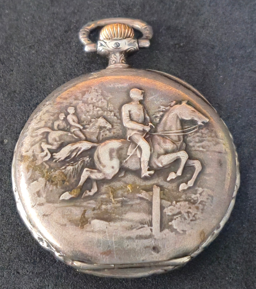 LONGINES POCKET WATCH SILVER FULL HUNTER SCENE ANGELS HORSES AND MEN ...