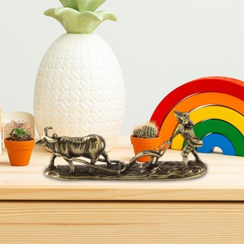 Miniature Cow Sculpture Brass Cow Plow Figurine for Shelf Table Tea ...