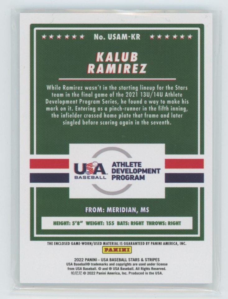 2022 Panini USA Baseball Stars & Stripes Materials Prime Kalub Ramirez ...