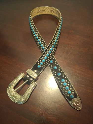 BB Simon Black Cowhide Belt With Turquoise Colored Stones Size Large | eBay