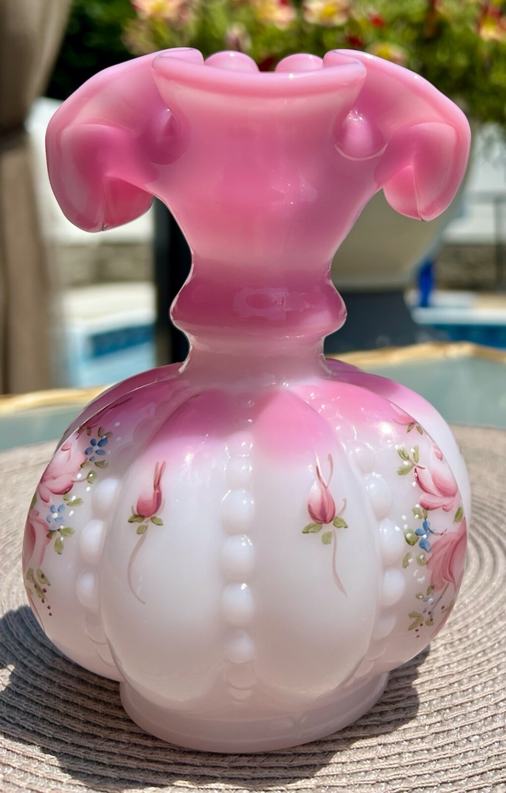 Fenton** ROSALENE HP BEADED MELON PITCHER JUG**Charleton Collection QVC ...