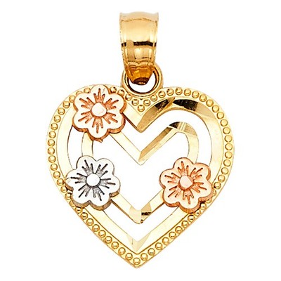 14k Tri-Color Gold Double Plumeria Heart Pendant Blooming Love Diamond ...