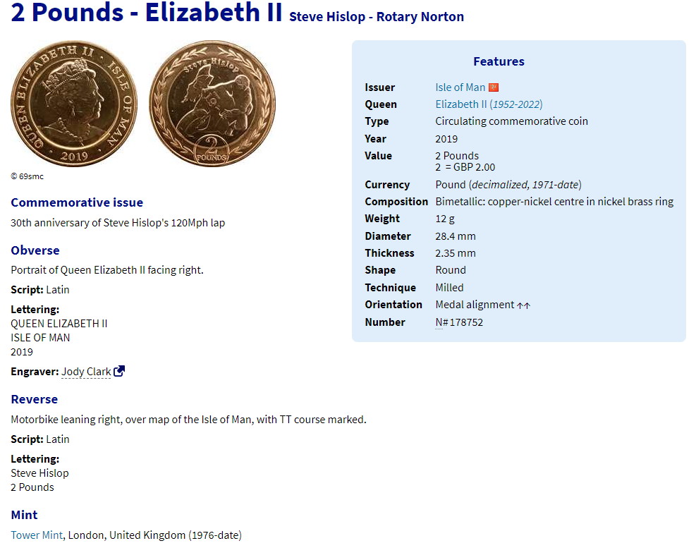 Isle of Man 2x coin £2 pound list 2019 Steve Hislop 11 TT wins Map ...