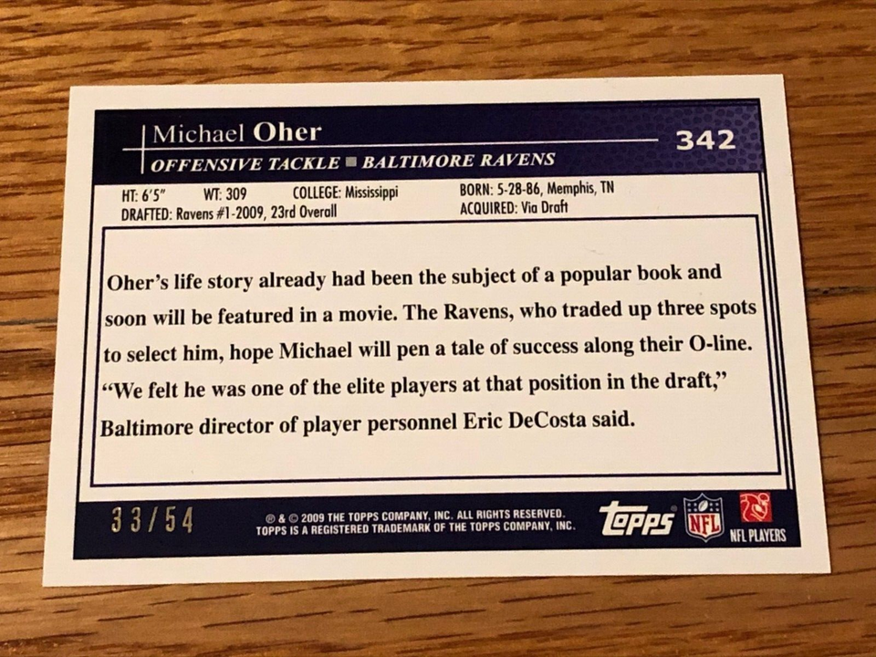 Michael Oher 2009 Topps BLACK Rookie Card RC SSP #342 - Serial #d 33/54 ...