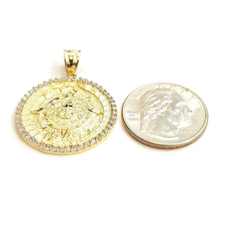14k yellow Gold Aztec Mayan sun calendar Azteca pendant Cubic Zirconia ...