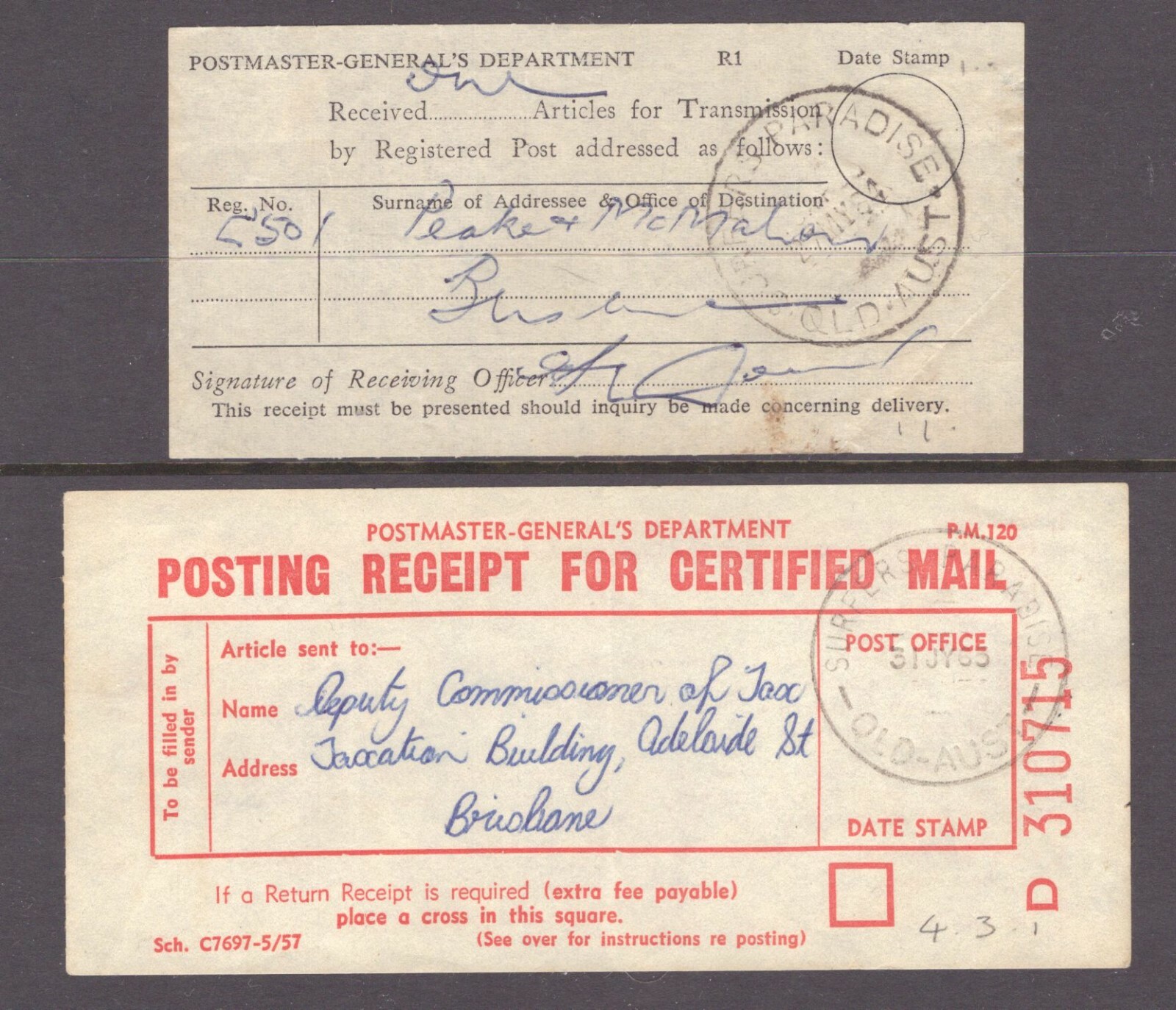 Australia Post Office receipts for registered and certified mail 1965 ...