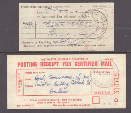 Australia Post Office receipts for registered and certified mail 1965 ...