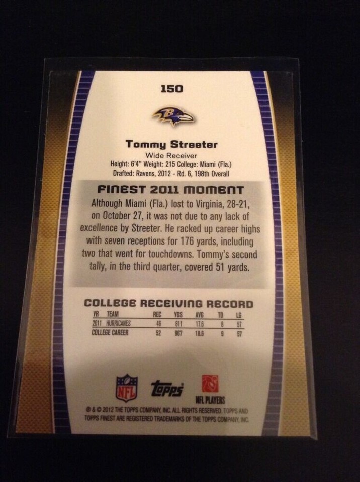 Tommy Streeter Ravens 2012 Topps Finest Rookie #150 | eBay