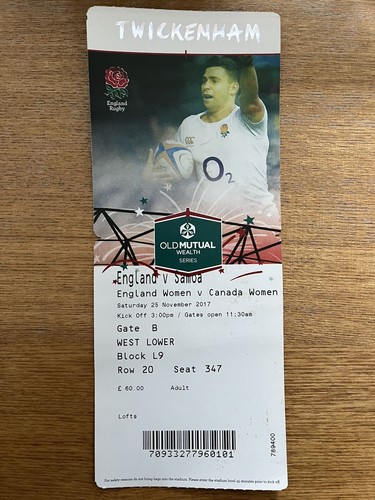 England v Samoa 25th Nov 2017 Used Rugby Union International Ticket ...
