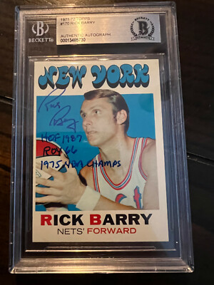 HOF RICK BARRY 1971-72 TOPPS ROOKIE SIGNED AUTOGRAPHED CARD BECKETT BAS ...