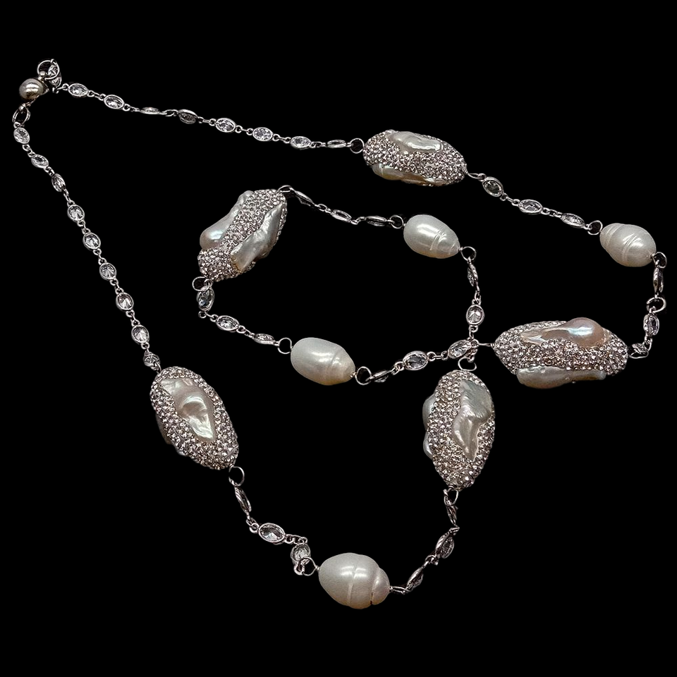 Silver Color Crystal Pave Cultured White Biwa Pearl Long Chain Necklace ...