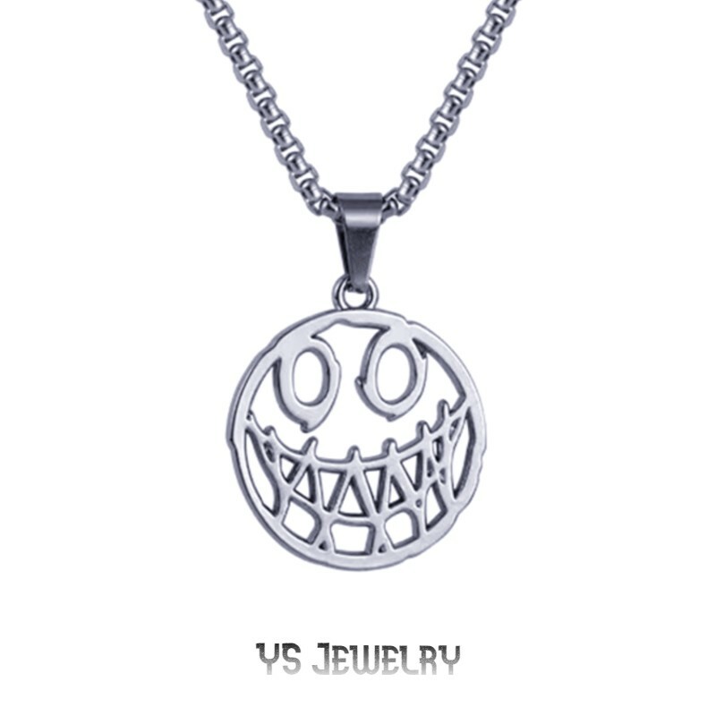 Mens Womens Silver Evil Smile Face Pendant Punk Gothic Biker Necklace ...