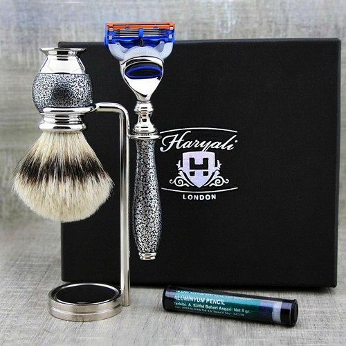Shaving Set with Silver 5 Edge Razors Brush Stand Men's Grooming ...