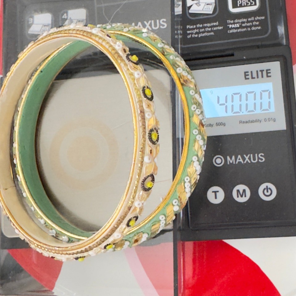 Mod 1960s Green, Gold, Cream Bangle Bracelet Bead Inlay India Vintage ...
