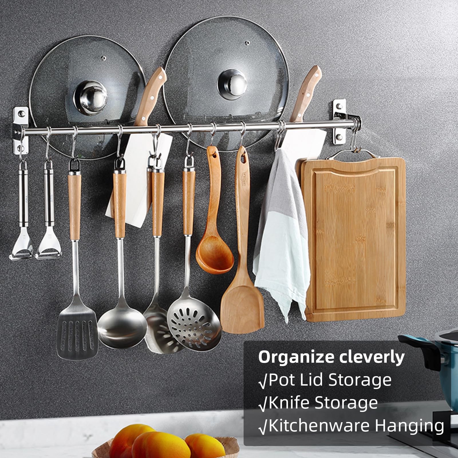 Utensil Hanging Rack Stainless Steel Rail Hanger Rod Wall Mounted Pot ...