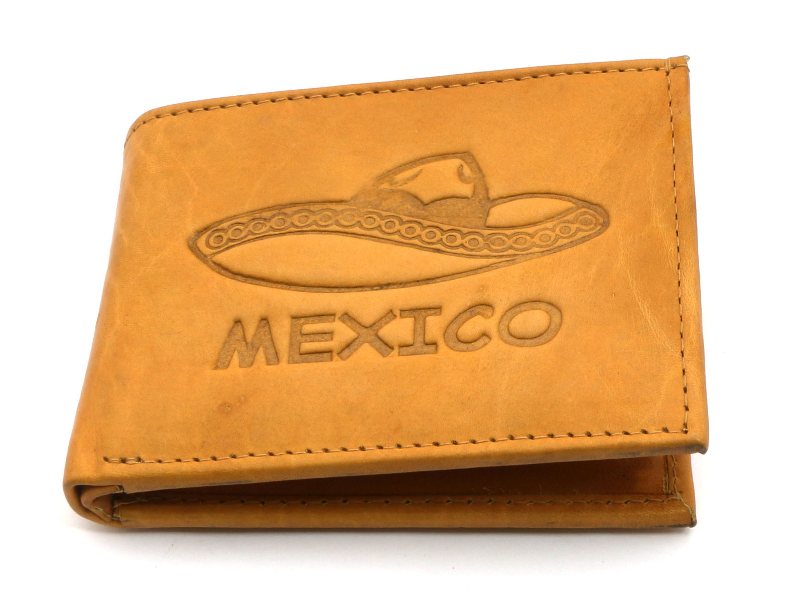 Bifold L Shape Beige Compact Leather Wallet "Mexico" Sombrero Embossed ...