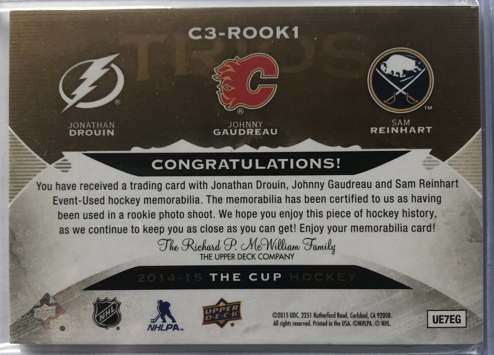 2014-15 The Cup /10 Trios Johnny Gaudreau Drouin Reinhart Trios Patches ...