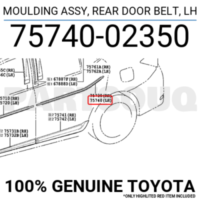 7574002350 Genuine Toyota MOULDING ASSY, REAR DOOR BELT, LH 75740-02350 ...