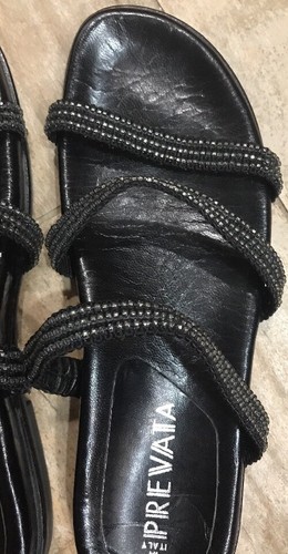 Wm’s Vintage PREVATA BLACK LEATHER SANDAL SLIDES 3 STRAPS METALLIC ...