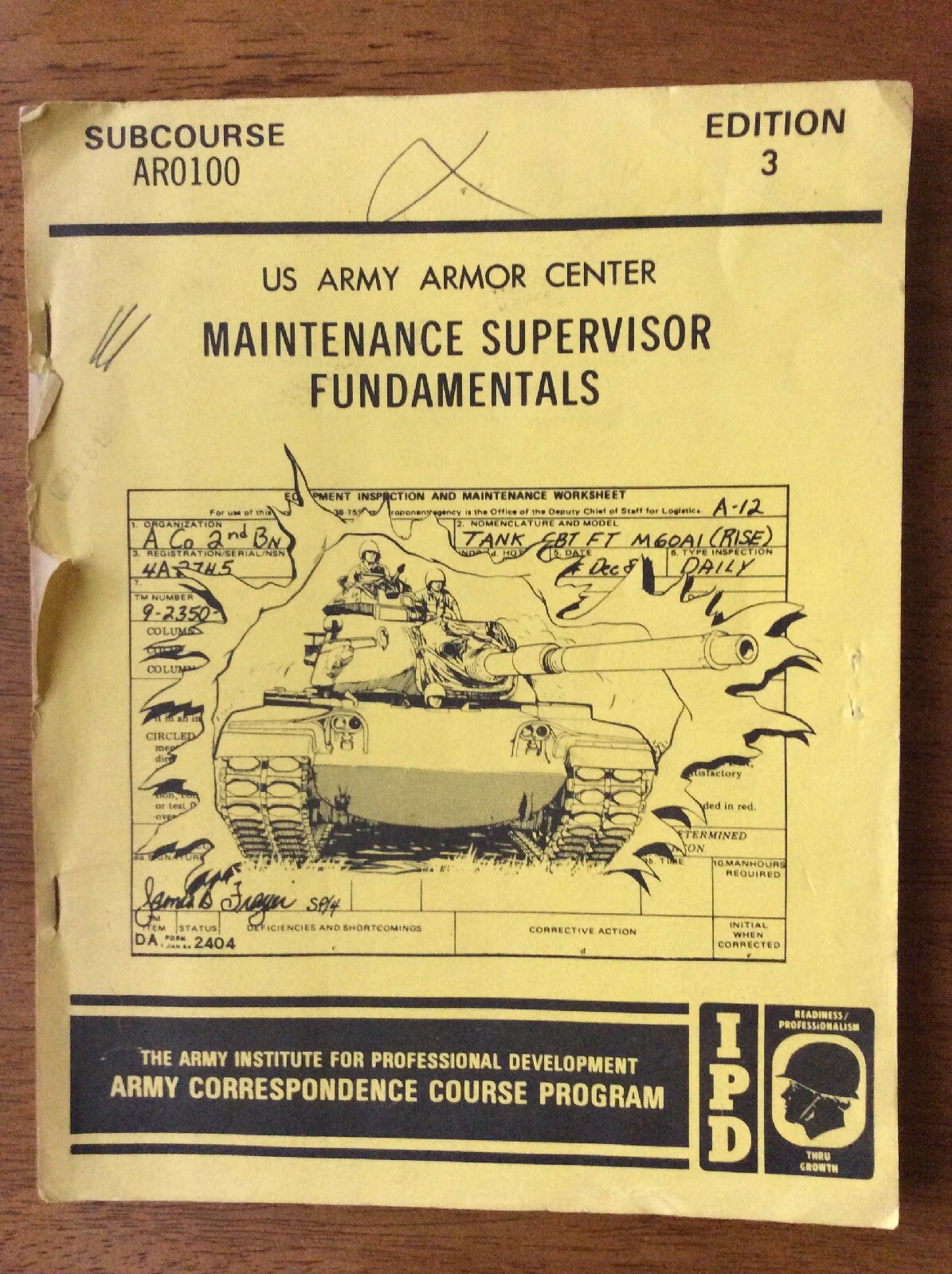 IPD Army Correspondence Course AR0100 Ed 3 Armor Maintenance Supervisor ...