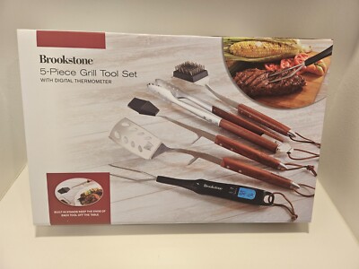 Brookstone Deluxe 5 Piece BBQ Tool Set with Rosewood Handles NEW in Box ...