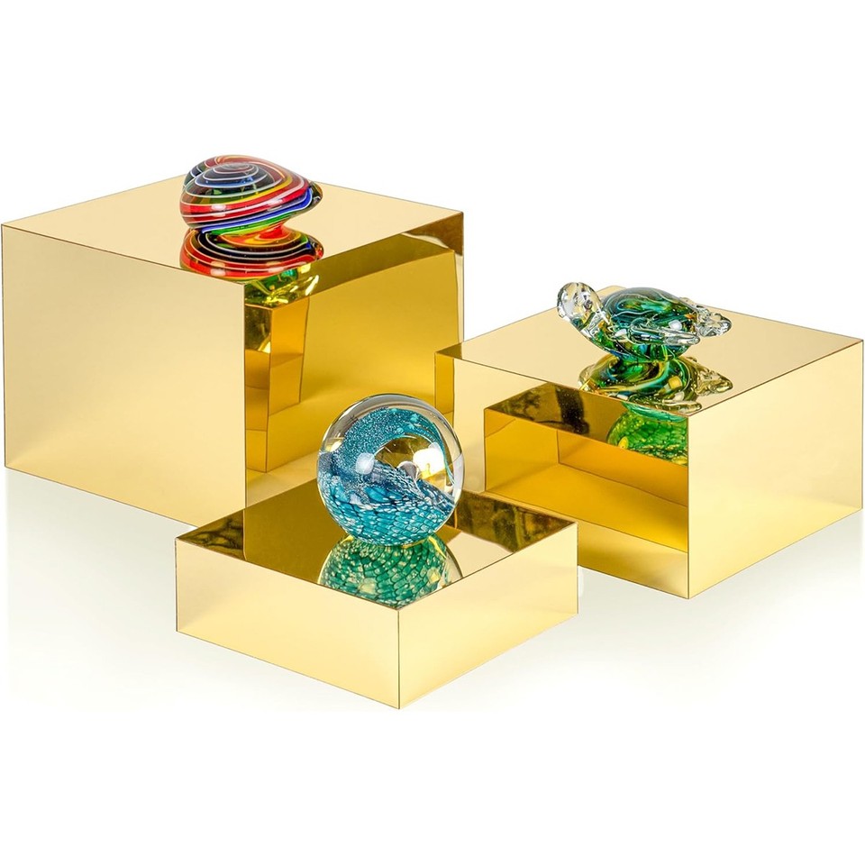 Set of 3 Glossy Gold Acrylic Cube Display Nesting Risers with Hollow ...