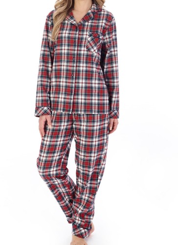 Slenderella Ladies Red Checked Cotton Pyjamas Button Up Top & Bottoms ...