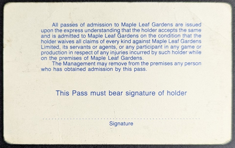 1987 Toronto Maple Leafs NHL Practice Pass Hockey Maple Leaf Gardens ...