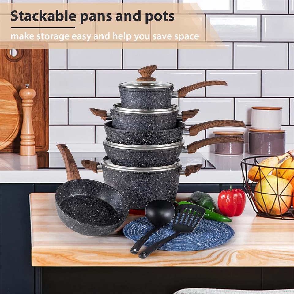 15 Pieces Induction Pots and Pans Set Nonstick Granite Stone Coated ...