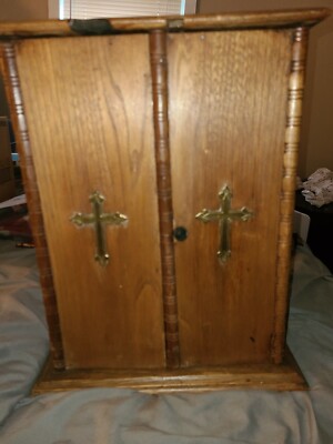 Antique Box Last Rites Oak Wood Metal Cross Accent with original Holy ...