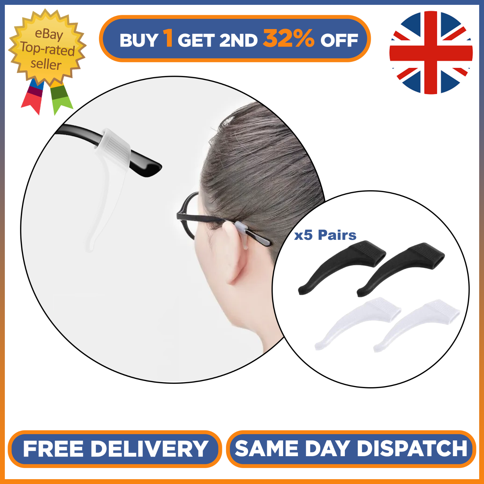 5 Pair Silicone Ear Grip Glasses Hooks Anti Slip Spectacles Retainers ...
