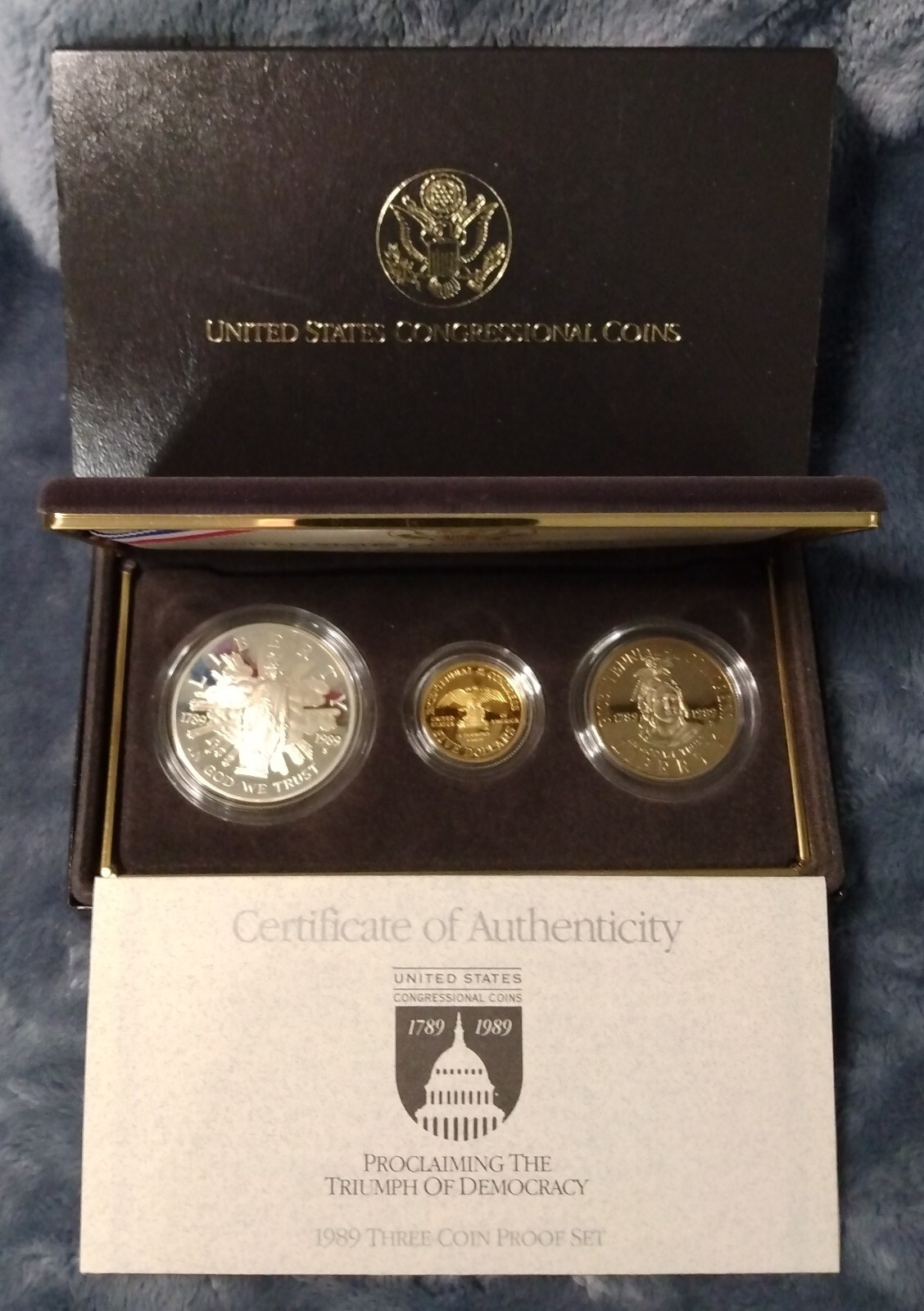 1989 U.S. Congressional 3-Coin Proof Set Gold $5, Silver $1, Clad 50c w ...