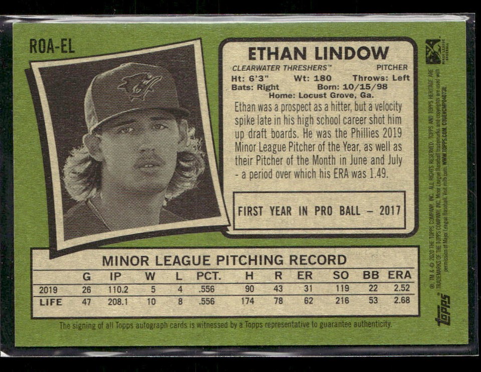 Ethan Lindow 2020 Topps Heritage Minor League #ROA-EL Real One ...