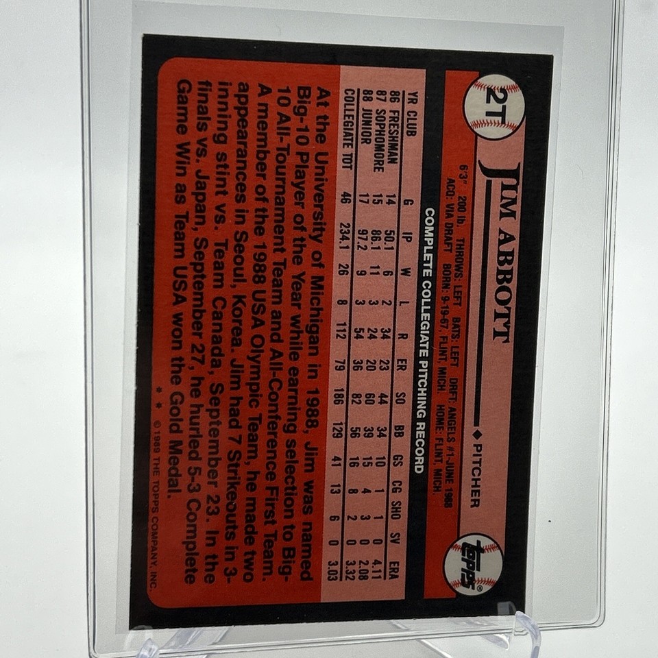 1989 Topps Traded Jim Abbott Rookie Baseball Card #2T Mint FREE ...