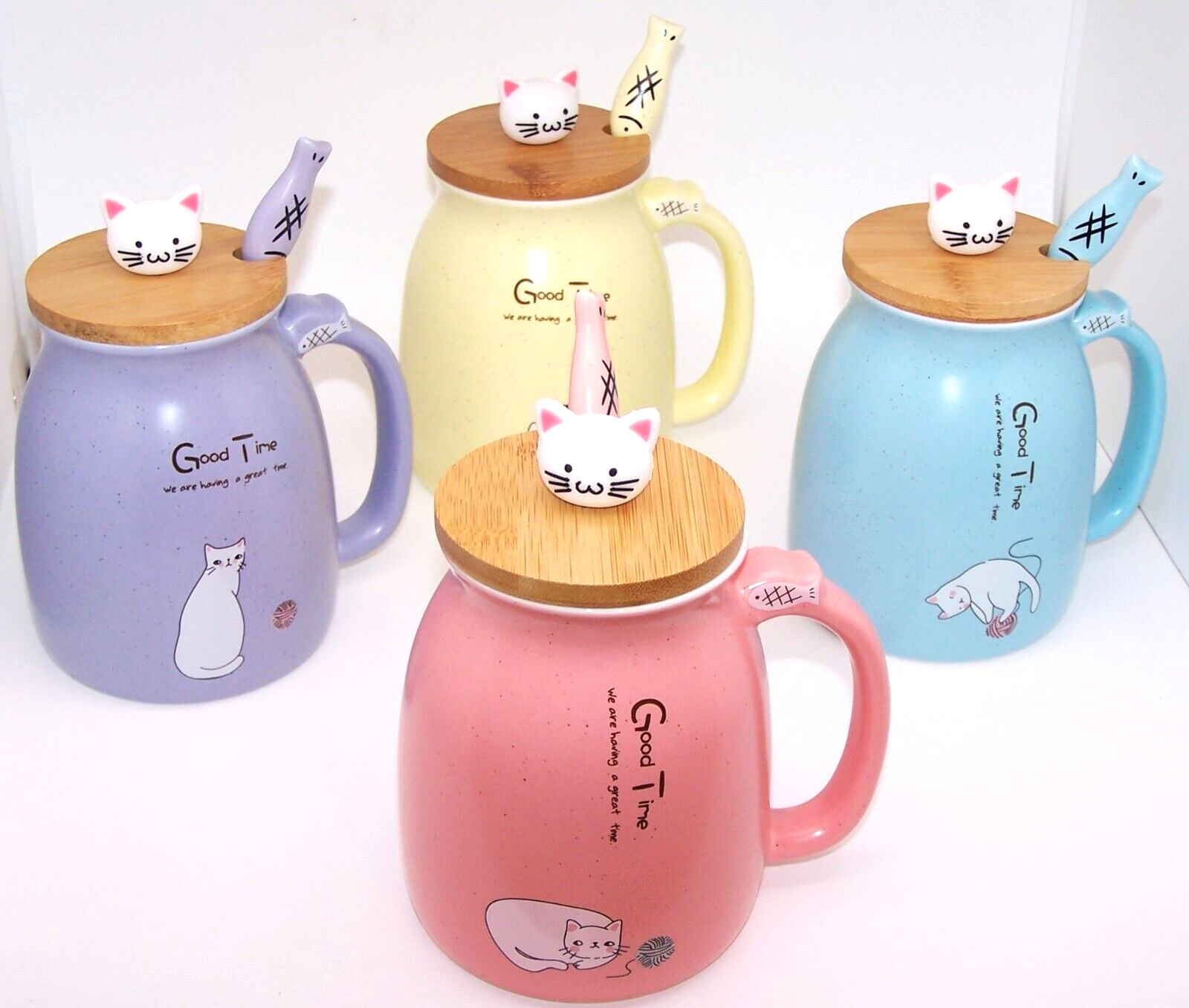 Cat Mugs/Cups with Lids & Spoons Pretty Pastels for Spring and Easter ...