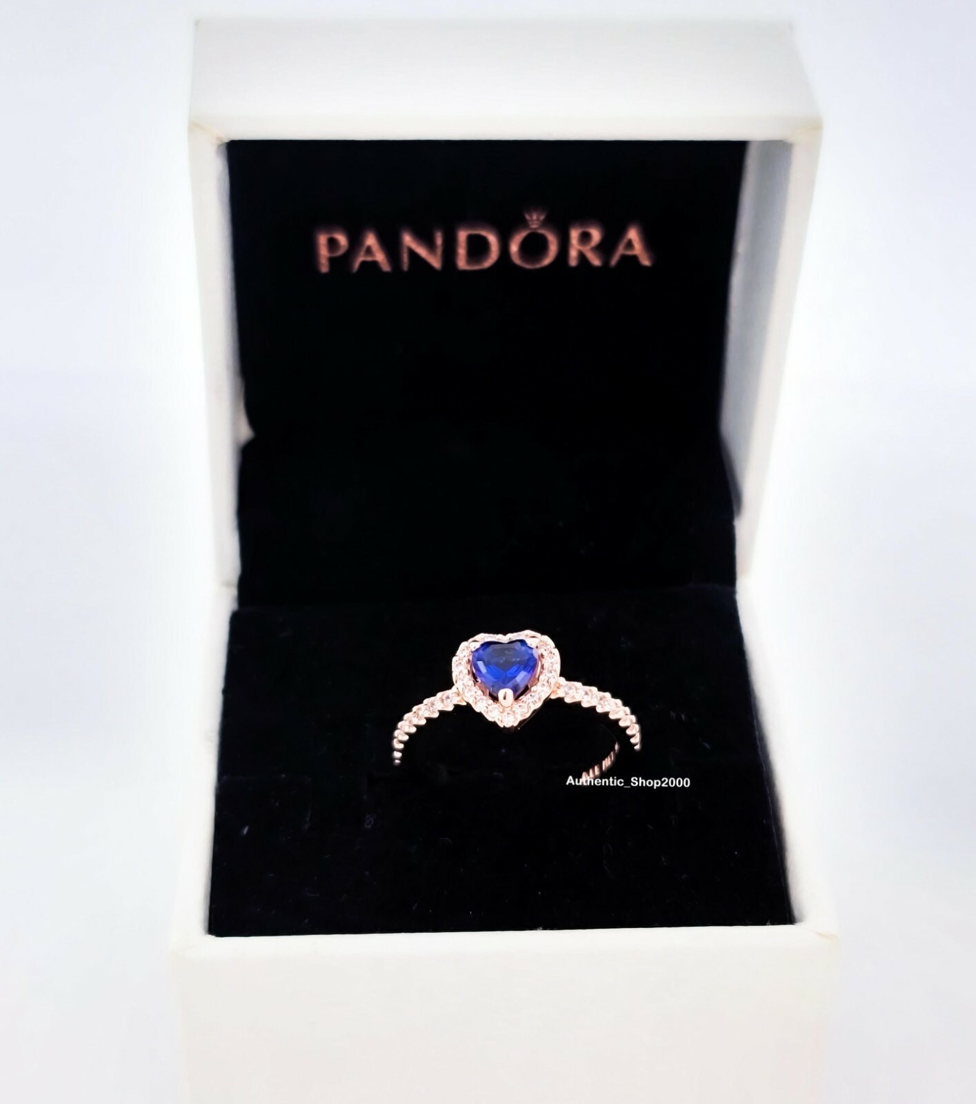 100% Authentic PANDORA Rose Gold Sparkling Blue Elevated Heart Ring ...