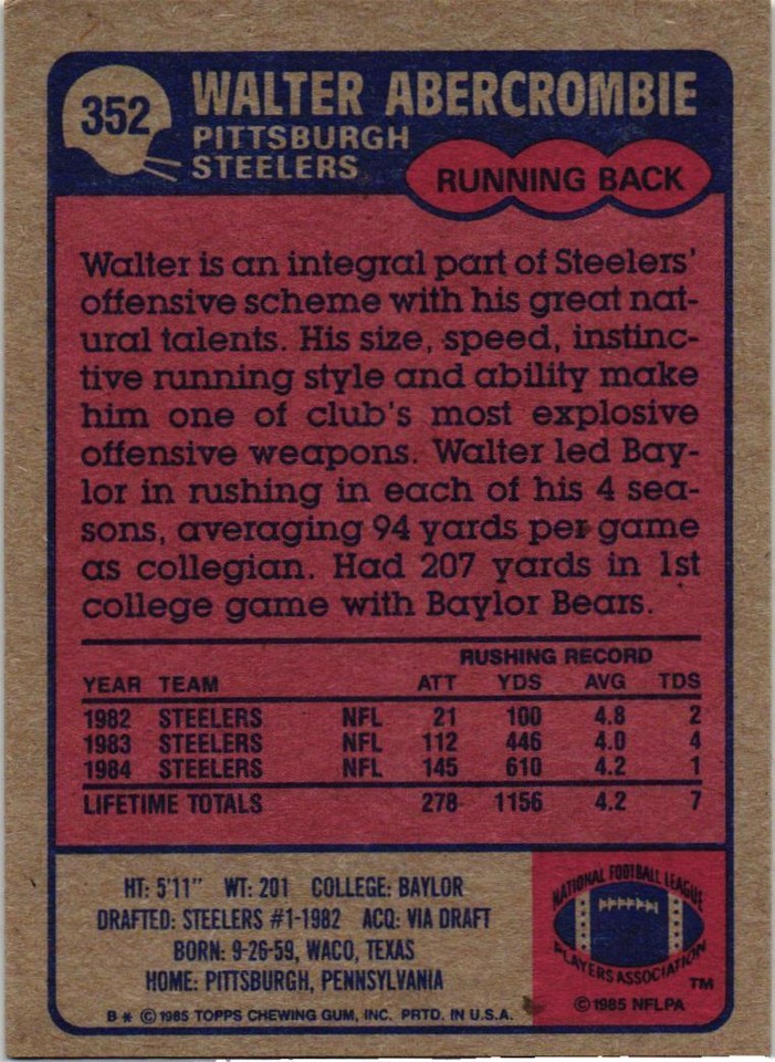 1985 Topps 352 Walter Abercrombie Pittsburgh Steelers | eBay