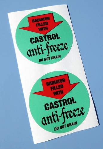 CASTROL Vintage car 'Anti Freeze' radiator fill stickers x2 decals Mini ...