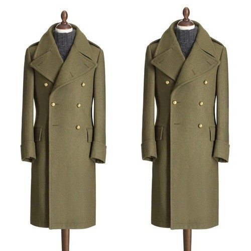 Army Green Men's Long Overcoat Wide Peak Lapel Double Breasted Warm ...