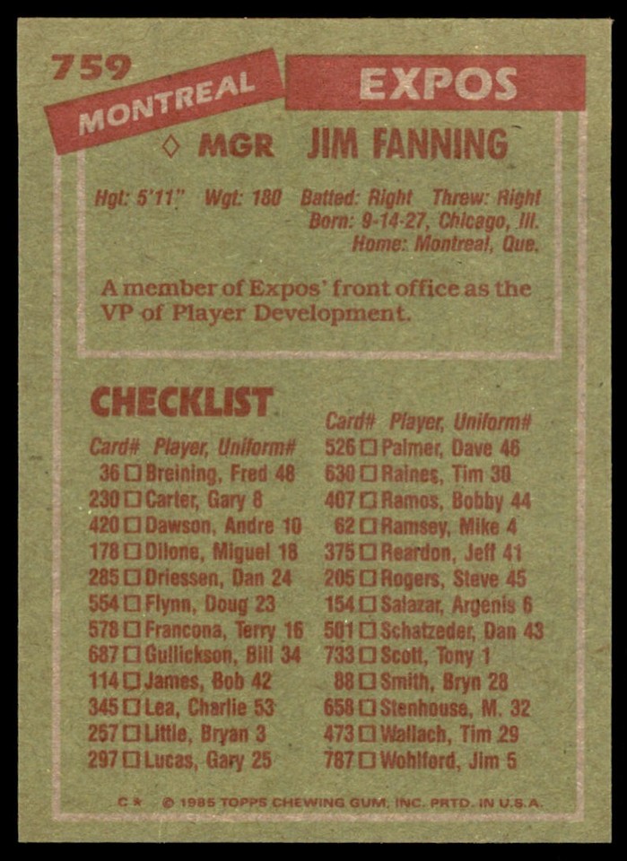 1985 Topps Jim Fanning Baseball Cards #759 | eBay