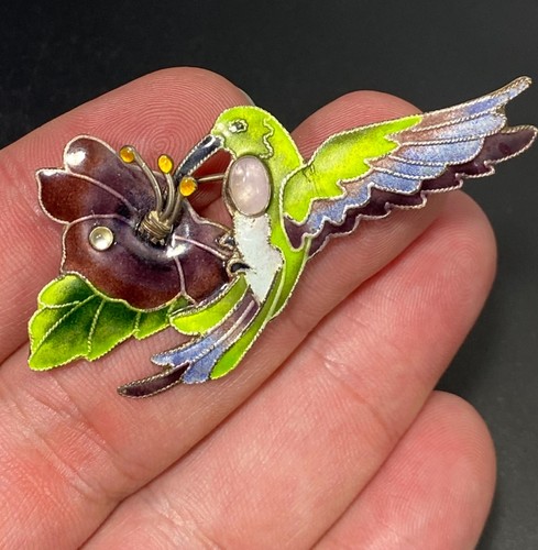 Vintage Art Nouveau 925 Hummingbird l Brooch Pin Guilloche Enamel ...
