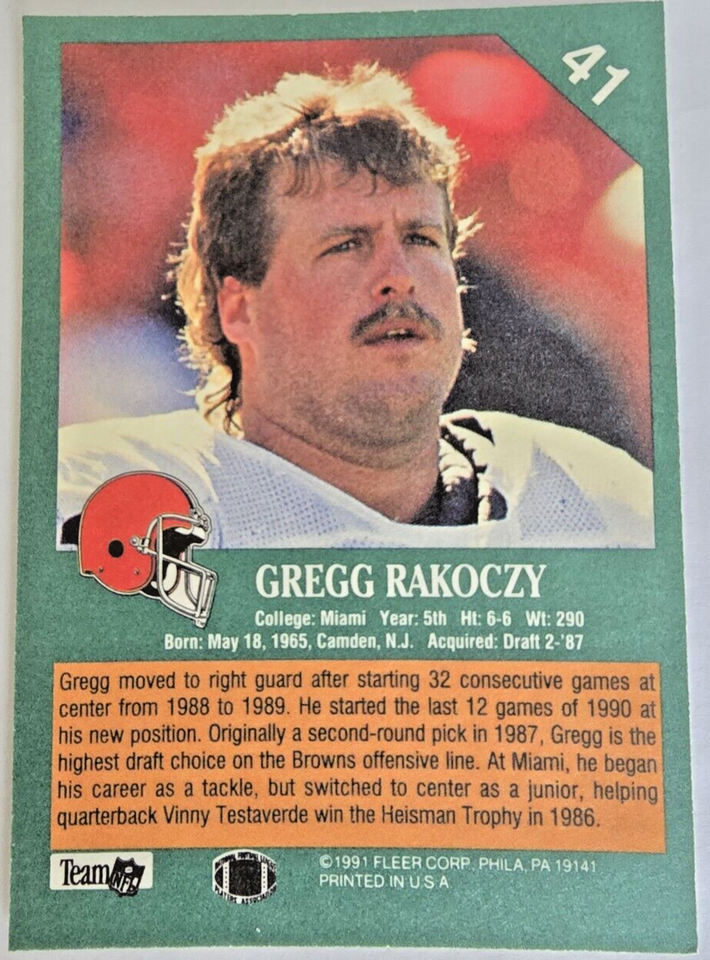 Gregg Rakoczy, 1991 Fleer, Cleveland Browns, Offensive Lineman, Card ...