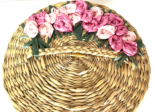 Vintage Sweetgrass Lidded Basket with Pink Rafia Flowers | eBay