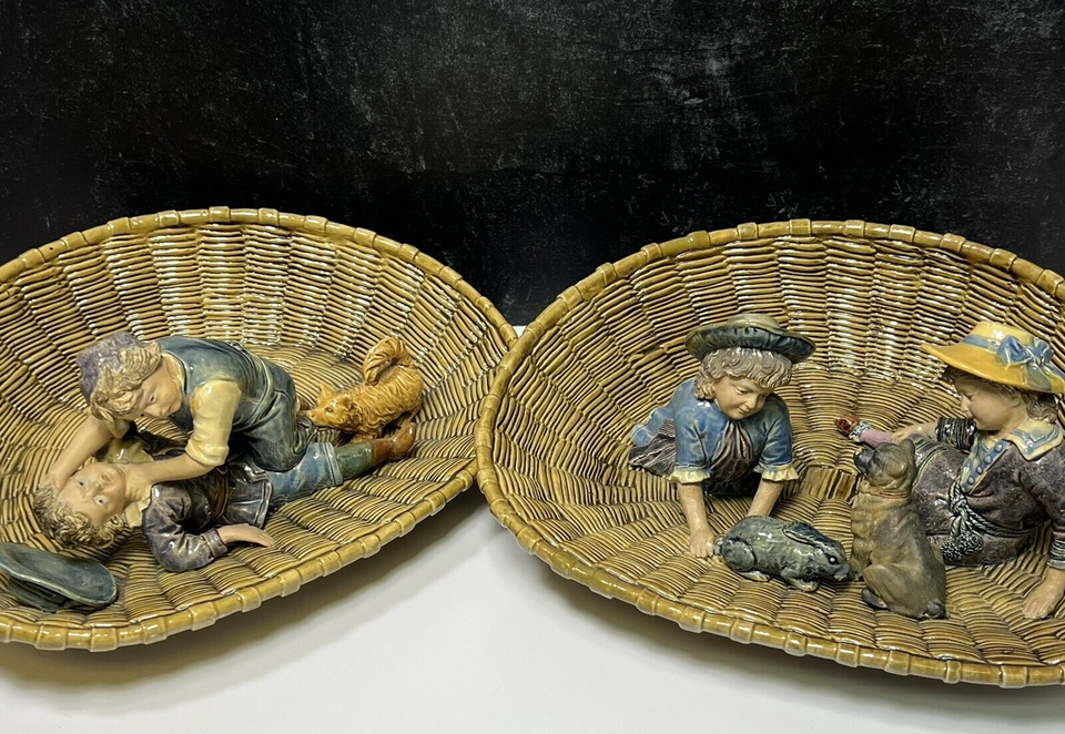 Brothers Urbach Majolica Girls Playing Boys Fighting Figures in Pottery ...